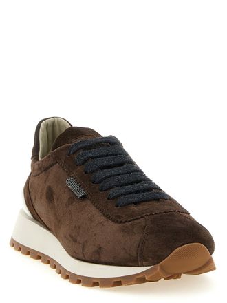 Brunello Cucinelli Suede with Jewelled Tab Sneaker - Brown