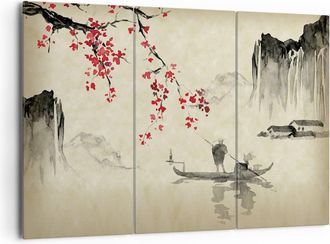 Arttor Mehrteilige Bilder auf Leinwand 165x110cm Leinwandbild Blume Kirschen Japan Groß XXL Wanddeko Bild Schlafzimmer Set 3 teilige Wandbilder Dekoration Wo
