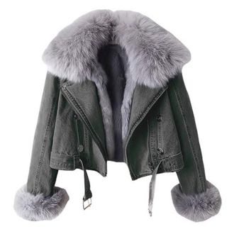 Generic Veste dhiver chaude en jean pour femme, veste en jean en fausse fourrure, doublure amovible en fausse fourrure, manteau parka court épais à poils long