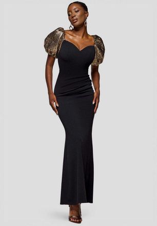 Goddiva Maxikleid Jacquard Puff Sleeve Sweetheart Scuba Maxi Dress Langes Kleid