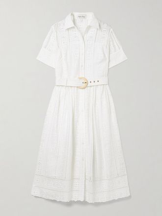 Cara Cara Malena Midi-hemdblusenkleid Aus Baumwolle Mit Lochstickerei Und Gürtel - Elfenbein