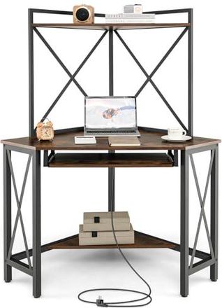 Giantex Bureau dangle avec &eacute;tag&egrave;re, table de travail en forme de L, bureau dordinateur avec prises de courant, plateau pour clavier, d&eacute;flecteur anti-chute, de
