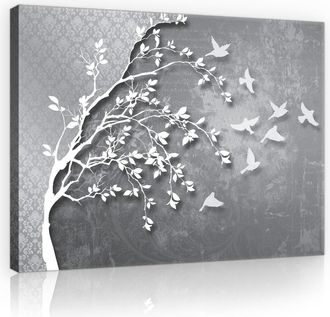 ForWall Leinwand Bilder - Silber Baum Vögel - 100x75 cm Leinwandbilder - Bild auf leinwand - Wandbild XXL groß Wandbilder für Wohnzimmer Schlafzimmer Wohnzimm