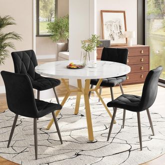 Generic Esstisch rund mit 4 St&uuml;hlen, 5-teiliges Esszimmer-Set, runder MDF-Tisch mit Marmoroptik und Metallbeinen, ergonomische Wildlederst&uuml;hle, modern f&uuml;r K&uuml;c