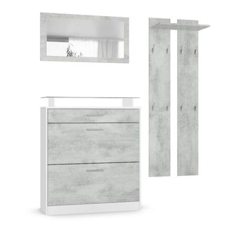 Vladon Garderobe Loret mini, Garderobenset bestehend aus 1 Schuhschrank, 1 Wandspiegel und 2 Garderobenpaneele, Wei&szlig; matt/Beton Oxid-Optik