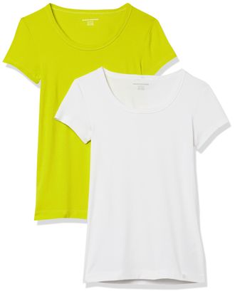 Amazon Essentials Damen T-Shirt mit Flügelärmeln und U-Ausschnitt in schmaler Passform, 2er-Pack, Weiß/Lindgrün, XL