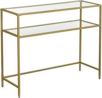Private Label Console de salon Valora, table en verre, &eacute;tag&egrave;res en m&eacute;tal dor&eacute;