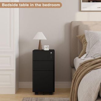 Woltu Rollcontainer Metallschrank mobiler Aktenschrank mit 3 Schubladen 5 Rollen H&auml;ngeregistratur B&uuml;roschrank abschlie&szlig;bar, 30x60x45 cm, Schwarz - Woltu