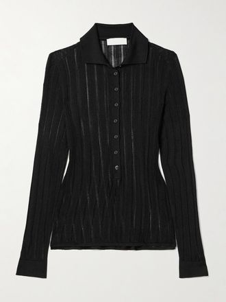 Veronica de Piante Pull Fa&ccedil;on Polo En Soie De M&ucirc;re &Agrave; Mailles Pointelle Lydia - Noir