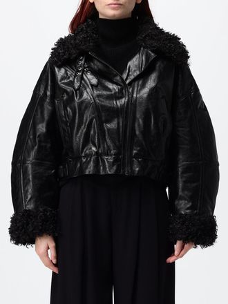 Eleh Blouson bomber en similicuir avec col et poignets en fausse fourrure