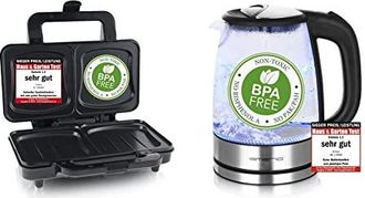 Emerio XXL Sandwichtoaster f&uuml;r alle Toastgr&ouml;&szlig;en geeignet, BPA frei, gro&szlig;e Muschelform & WK-119988 Glas Wasserkocher,1.7 Liter, 2200 Watt, LED Innenbeleuchtun