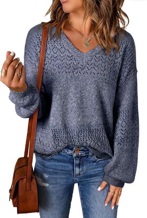 Dokotoo Damen Pullover Elegant V Ausschnitt Langarm Strickpullover Einfarbig Lose Sweatshirt Feinstrick Herbst Winterpullover Pulli, blau, 2XL