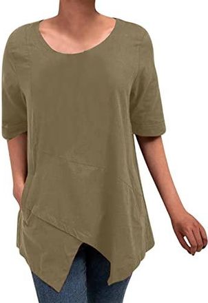 Generic Chemisiers d&eacute;t&eacute; pour femme - Grande taille - Manches quart - T-shirts en coton pour femme - Coupe ample - Chemise en lin boh&egrave;me ample - Haut blanc - H