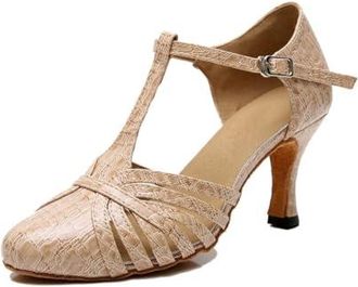 MGM-Joymod Escarpins à lanières en T pour femme - Chaussures de danse latine modernes - Pour bal de fin dannée, mariage, fête, Yw089 Beige Talon 7 5 cm, 40.5 EU