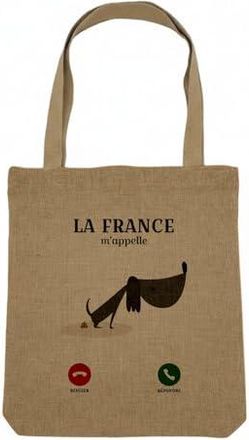 Fabulous Sac Shopping Tote Bag Aspect Lin - La France MAppelle Humour Chien Ville - Sac de Courses Toile Epaisse 360g Beige Naturel Cabas Port&eacute; Epaule Solide I