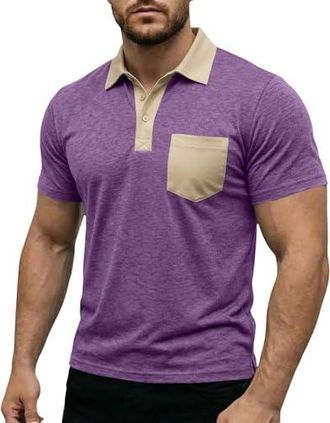 Generic DENGJIAMY Polo patchwork pour homme avec boutons Tredny et col en V - T-shirt d&eacute;t&eacute; &agrave; manches courtes - Chemises de golf pour activit&eacute;s en plein air - 