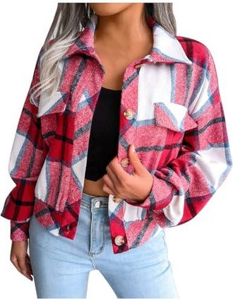 Generic Vestes pour femmes 2026 - Manteau en laine &agrave; carreaux d&eacute;contract&eacute; - Manches longues, Rouge, XL