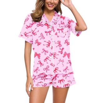 Generic 2026 Saint-Valentin Femmes Mode Imprim&eacute; Home Wear Set Loose Confortable Casual Manches Courtes Blouse Shorts Deux Pi&egrave;ces, rose, XXL