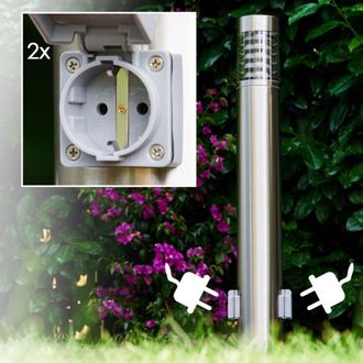 HOFSTEIN Außenleuchte Dakar mit 2 Steckdosen, moderne Sockelleuchte aus Edelstahl und Kunststoff, Wegeleuchte 80 cm, Gartenlampe mit E27-Fassung, 1 x E27, Gart