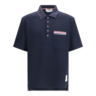 Thom Browne Texturiertes Baumwoll-Leinen-Polohemd mit RWB-Stickerei und kurzen &Auml;rmeln - - Tops - Herren - Blau - M