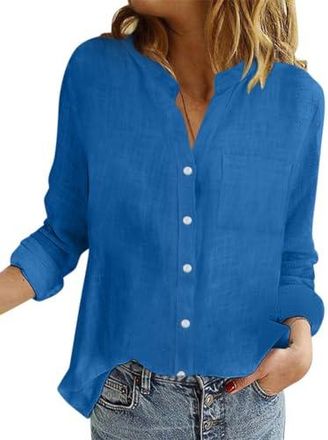 Onsoyours Chemise Lin Femme Printemps Eté Chemisier Coton Et Lin pour Femmes Col en V Bouton Manches Longues Tops Couleur Unie LâChe Respirant T-Shirts A Bleu X