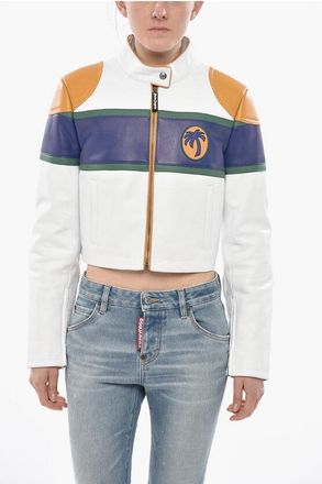 Palm Angels Cropped Leather Jacket CB CLASSIC With Contrast Details size 42