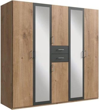Wimex Wimex - Armoire 4 portes ch&ecirc;nes poutres 2 portes miroirs diver 225 cm 2 tiroirs graphites