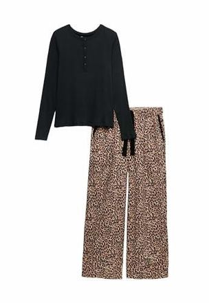 Marks and Spencer Ensemble Pyjama en Coton m&eacute;lang&eacute; c&ocirc;tel&eacute; &agrave; imprim&eacute; l&eacute;opard M&eacute;lange De Noir Femmes UK 12 (EU 40)