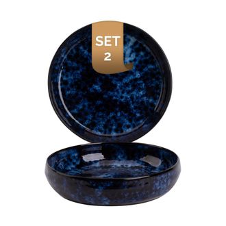 Palmers Bama Blue grosse tiefe Teller - 2er-Set - Steinzeug - Ø 22 cm - blau schwarz hochglanz - für Pasta, Suppe oder als Servierteller - stapelbar, spülmasc
