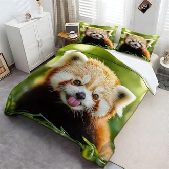 Generic Housse de Couette 200 x 200 cm Animaux Panda Roux Mignon Housse de Couette Brun Personnes en Microfibre avec Fermeture Éclair avec Taie doreiller 65x6