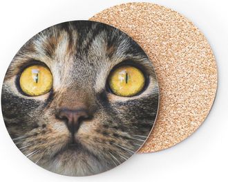 Fabulous Untersetzer aus rundem Glas auf Korkbasis - Wundersch&ouml;nes Portr&auml;t Katze Tiger Europ&auml;ische Augen gelbe Augen K&auml;tzchen - 1 Einheit (95 x 95 mm)