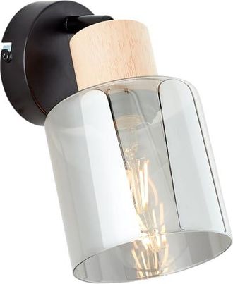 Lightbox schicker Wandspot - 20 x 11 x 20 cm - Wandstrahler mit rauchfarbenen Glas Schirm & schwenkbarem Kopf - E27, max. 40 W - Metall/Glas/Holz aus Kautschuk