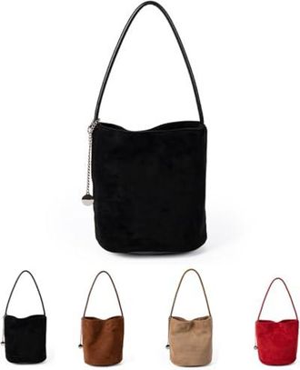 Generic Sac seau en daim pour femme - Sac &agrave; main &agrave; bandouli&egrave;re - Sac &agrave; main &agrave; bandouli&egrave;re - Mini sac &agrave; main fourre-tout avec poign&eacute;e sur le dessus, Noir, Tail