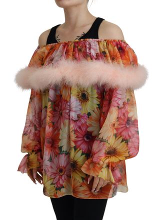 Dolce & Gabbana Womens Multicolor Floral Fur Shearling Blouse Top Silk