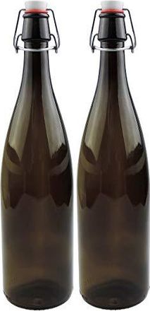 mikken Art 2 x braune Glasflasche 1 Liter mit Bügelverschluss aus Porzellan, inkl Etiketten