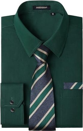 Hisdern Chemise Hommes Vert Chemise Homme Manches Longues avec Cravate Formelle Business Casual Mariage avec Poche Regular Slim Fit S