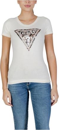 Guess Femme, Tops, Blanc, Taille: 38 FR T-Shirt Imprim&eacute; &agrave; Manches Courtes et Col Rond