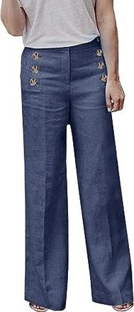 Generic Pantalon en Lin Femme Fluide D&eacute;contract&eacute; Pantalon Large en Coton et Lin pour Femmes Couleur Unie Taille Haute Bouton D&eacute;contract&eacute; Ensemble Femme Large 