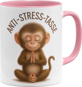 OM3 &Auml;ffchen Anti-Stress KAffe-Tasse mit Spruch - lustige Keramiktasse Namaste-Motiv - Meditation Affe - Keramik Becher - 325ml - Beidseitig Bedruckt - Ros