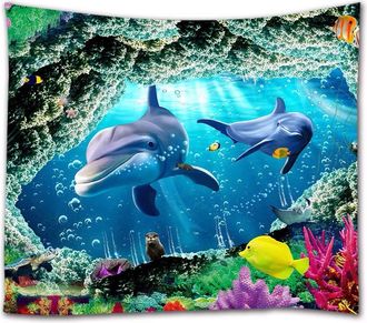 A.Monamour Wandteppiche 3D Unterwasserwelt Delphinfisch Korallenriff Meereslebewesen Blauen Ozean Drucken Boho Hippie Mandala Wandbehang Tapisserie Wandkunst Dek