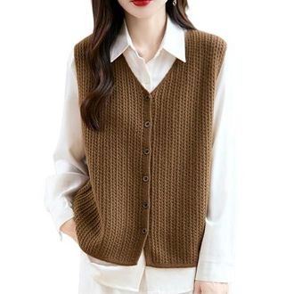 Generic Gilet sans Manches en Laine M&eacute;rinos 100% pour Femme, Automne-Hiver, Col V, Fermeture Boutonn&eacute;e, Maille Torsad&eacute;e, Style Cardigan Tendance, Coupe Ajour&eacute;