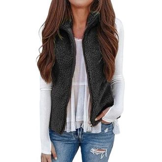 Generic Gilet Sherpa en polaire pelucheuse pour femme - Gilet dhiver chaud avec fermeture &eacute;clair - Confortable - Tendance et d&eacute;contract&eacute;, Noir, 3XL