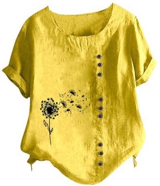 Generic T-shirts athlétiques amples pour femmes en coton et lin à manches courtes boutonnés col rond imprimé pissenlit chemisier fantaisie pour femme, jaune, 