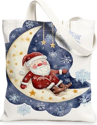 Generic Sacs fourre-tout en toile motif flocon de neige motif P&egrave;re No&euml;l lune, sacs d&eacute;picerie r&eacute;utilisables, mignons vacances, l&eacute;gers et lavables, Blanc, 13x15