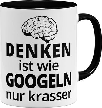 OM3 Denken ist wie Googeln nur krasser Kaffee-Tasse mit lustigem Spruch - Keramik Becher - 11oz 325ml - Beidseitig Bedruckt - Schwarz