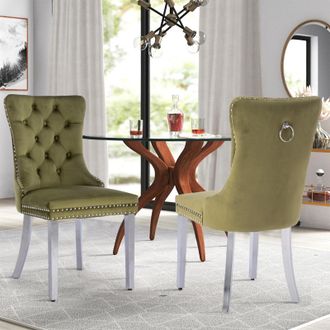 Generic Samtgepolstertes, Getuftetes Esszimmerstuhl-Set Mit Nagelkopfbesatz Und Beinen Aus Massivholz - Beige (für Esszimmer, Küche, Restaurant)(Silver-Oliver