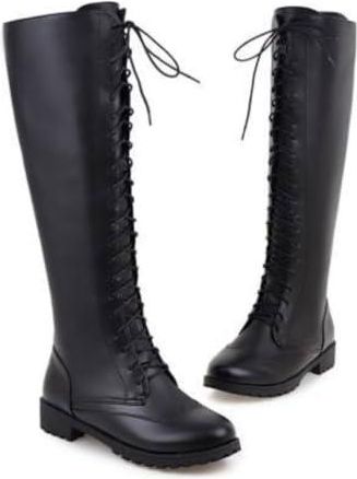 Generic Bottes Femme À Lacets Mi-Genou Talon Bas Bout Rond Cuir Synthétique Ballerines Semelle Coussinée Quotidien Décontracté Équitation Soirée Élégantes Dur