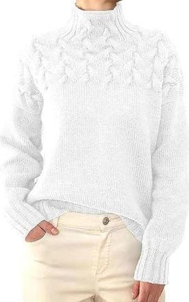 Generic Pull en tricot &agrave; col roul&eacute; pour femme, pull d&eacute;contract&eacute; chaud &agrave; manches longues, pulls &agrave; col roul&eacute; pour femme, blanc, 5XL