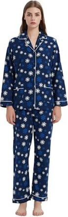 Global Femme Pyjama Flanelle Manches Long Ensembles de Pyjama Coton Chemises de Nuit Bouton Chaleureux Vêtements de Nuit Confortable Flocons de Neige Bleus 3