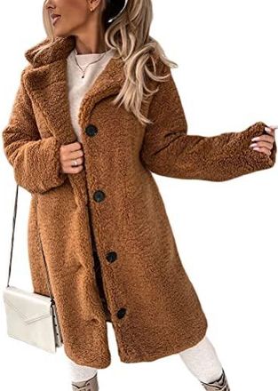 Onsoyours Veste en Peluche pour Femme Long Patte de Boutonnage Revers Manteau Polaire Trench Élégante Manteau Parka Outwear avec Poches Automne Hiver A Marron C